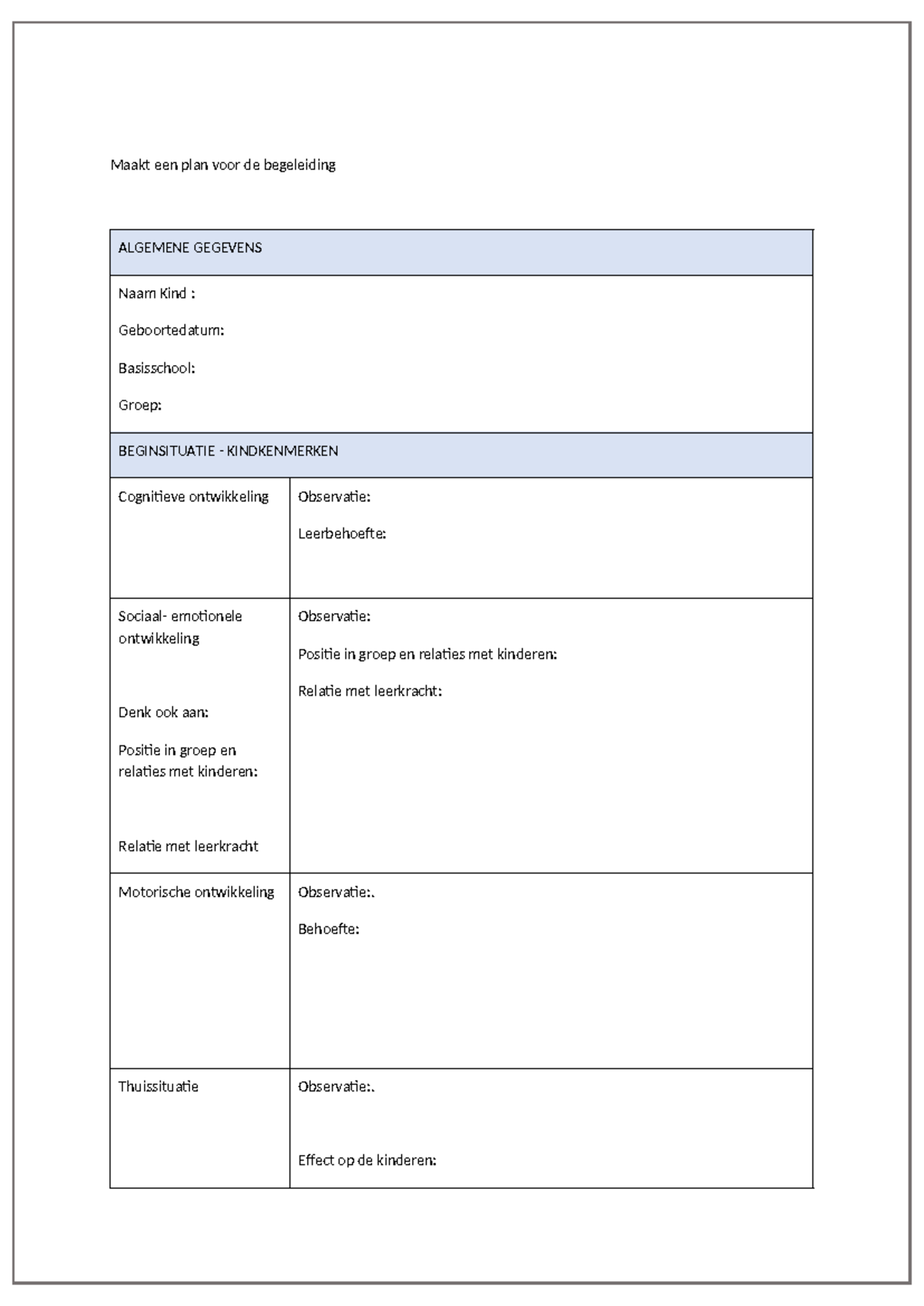 Begeleidingsplan Format voor Kinderen: ALGEMENE GEGEVENS en ...