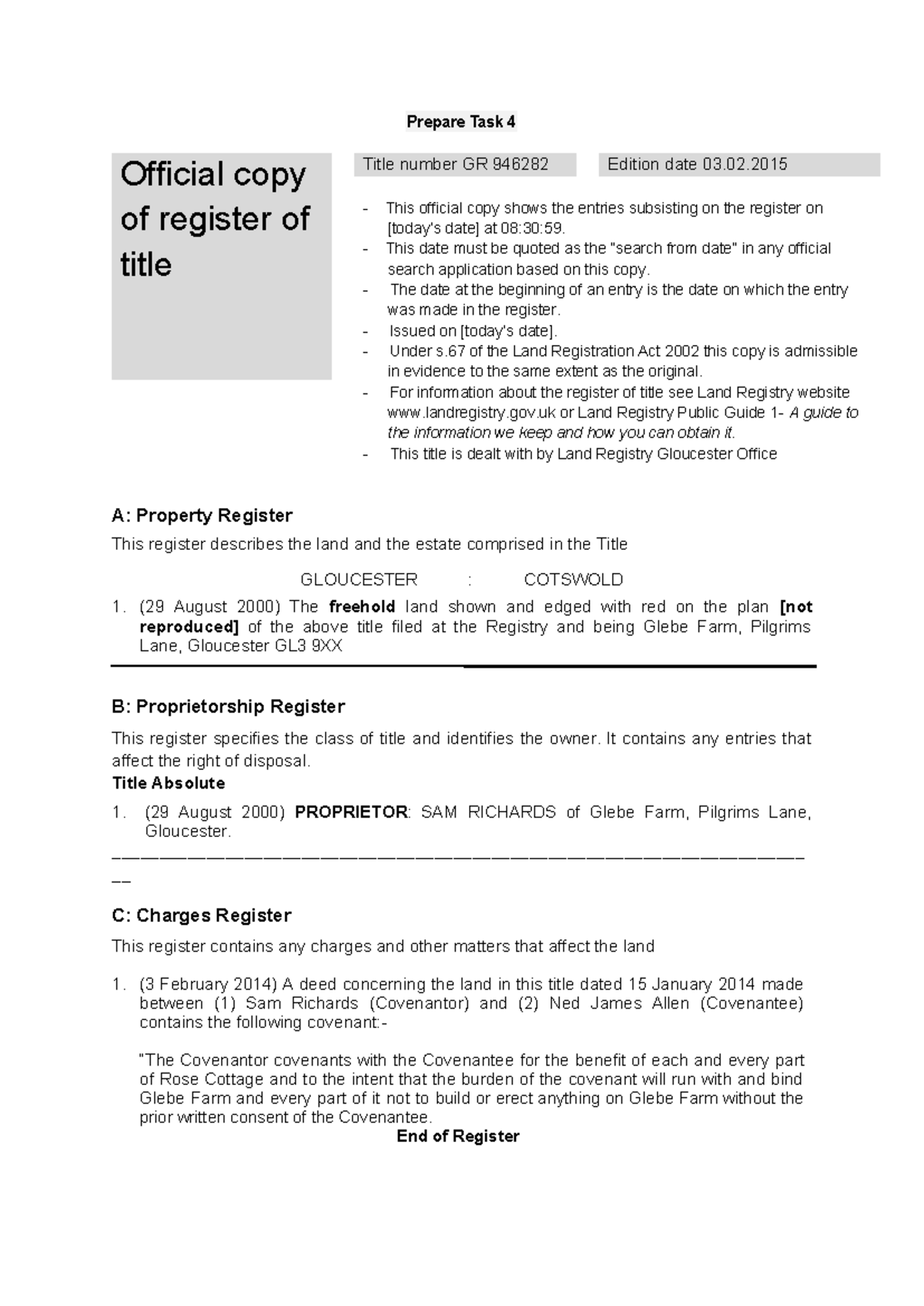 Prepare Task 4: Official Copy of Title Register GR 946282 - Studocu