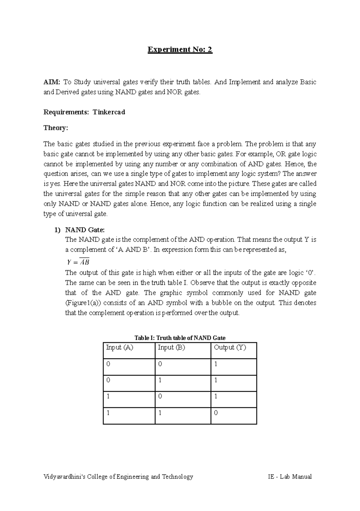 Experiment 2: Analysis of Universal Gates Using NAND and NOR - Studocu
