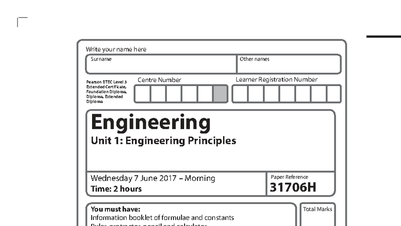 BTEC Level 3 Engineering Unit 1: Engineering Principles Exam Paper ...