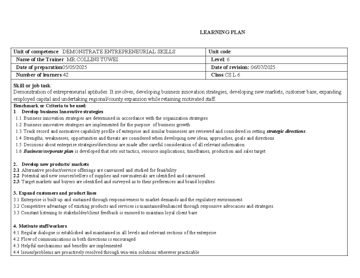 Entrepreneurial Skills Learning Plan - Level 6 (CS L 6) - Studocu