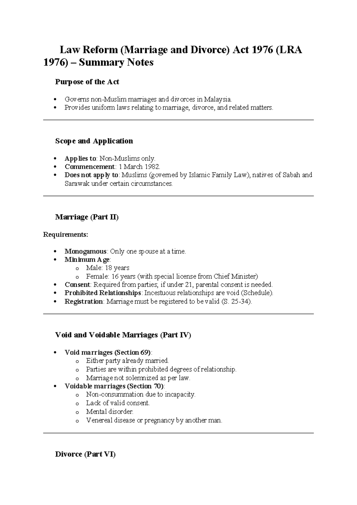 Law Reform Act 1976 (LRA 1976) summary notes on marriage and divorce ...