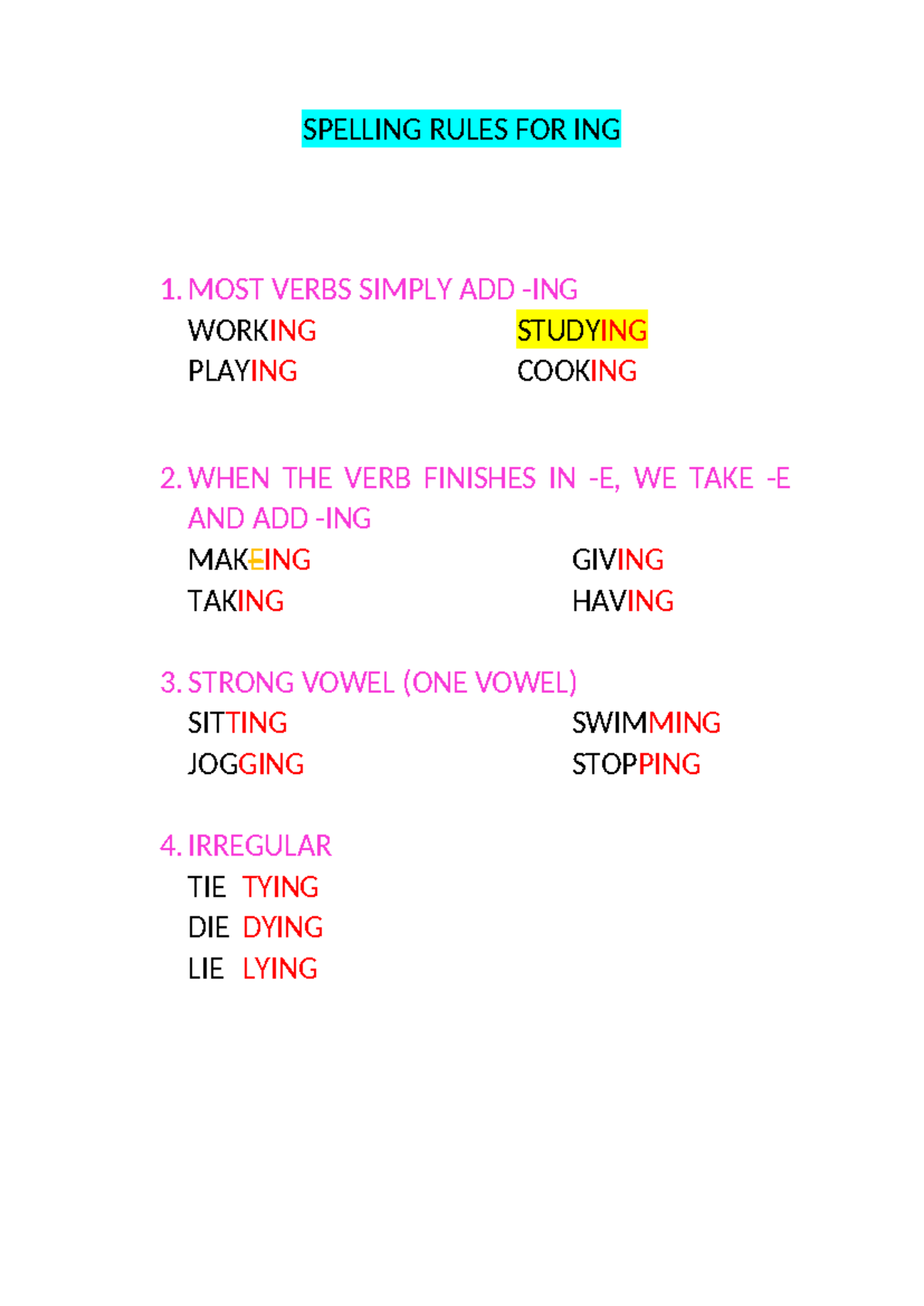 Rules FOR ING - Práctica - ingles - SPELLING RULES FOR ING 1. MOST ...