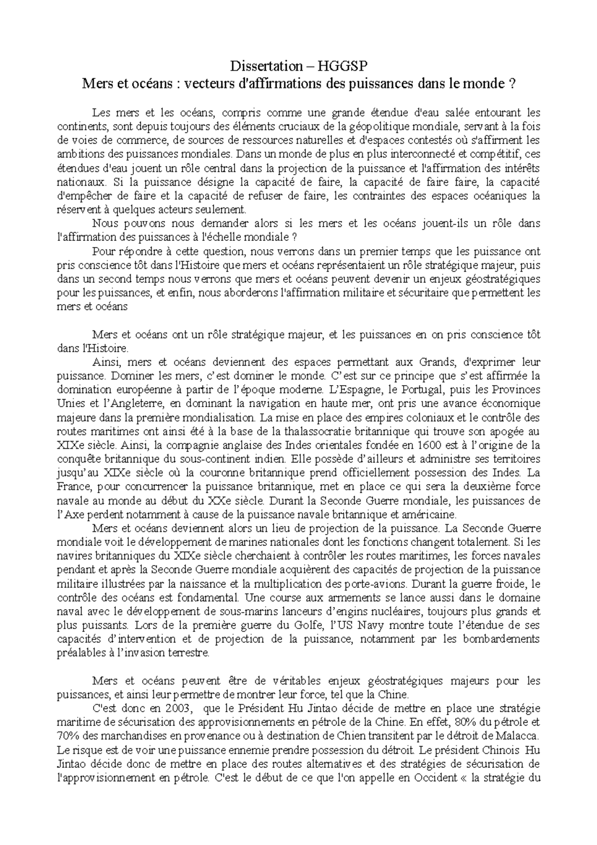 Dissertation – HGGSP : Mers et Océans, Puissance et Géopolitique Mondiale - Studocu