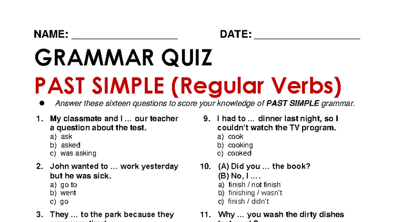 ATG 101: Grammar Quiz on Past Simple (Regular Verbs) - Studocu