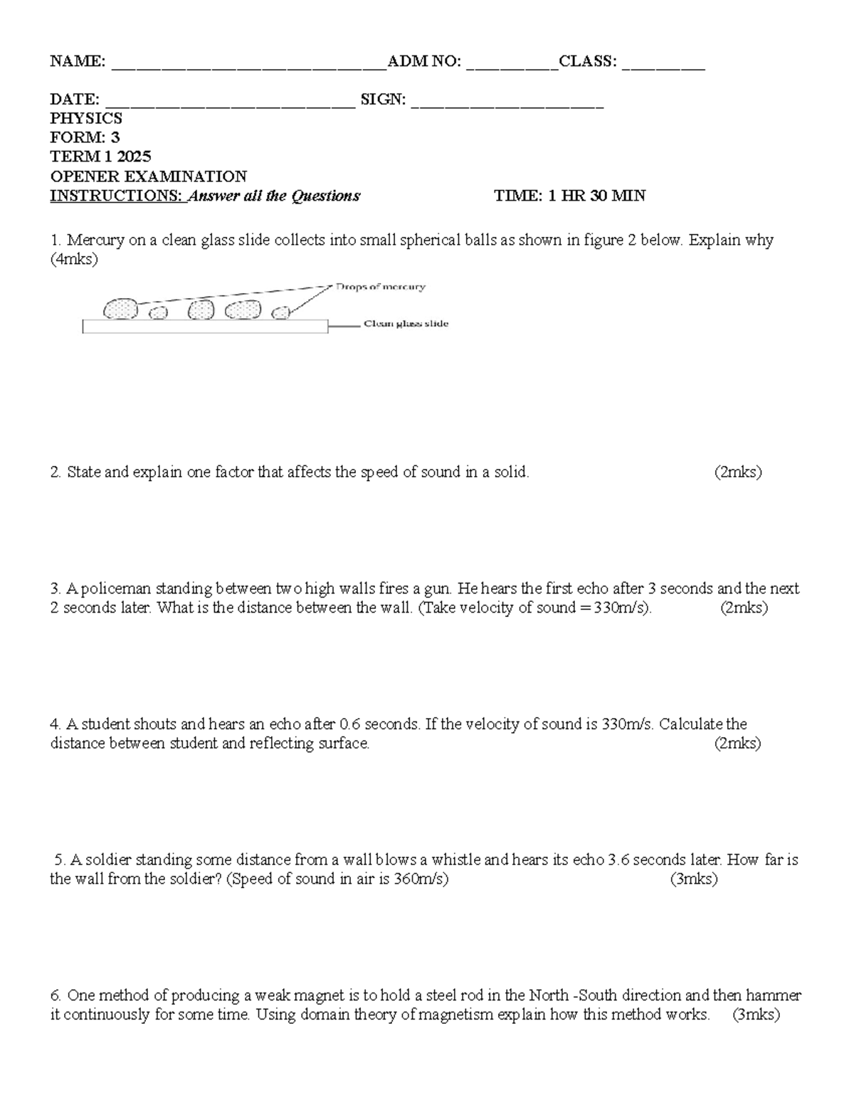 2025 PHYSICS FORM 3 TERM 1 EXAMINATION QUESTIONS - Studocu