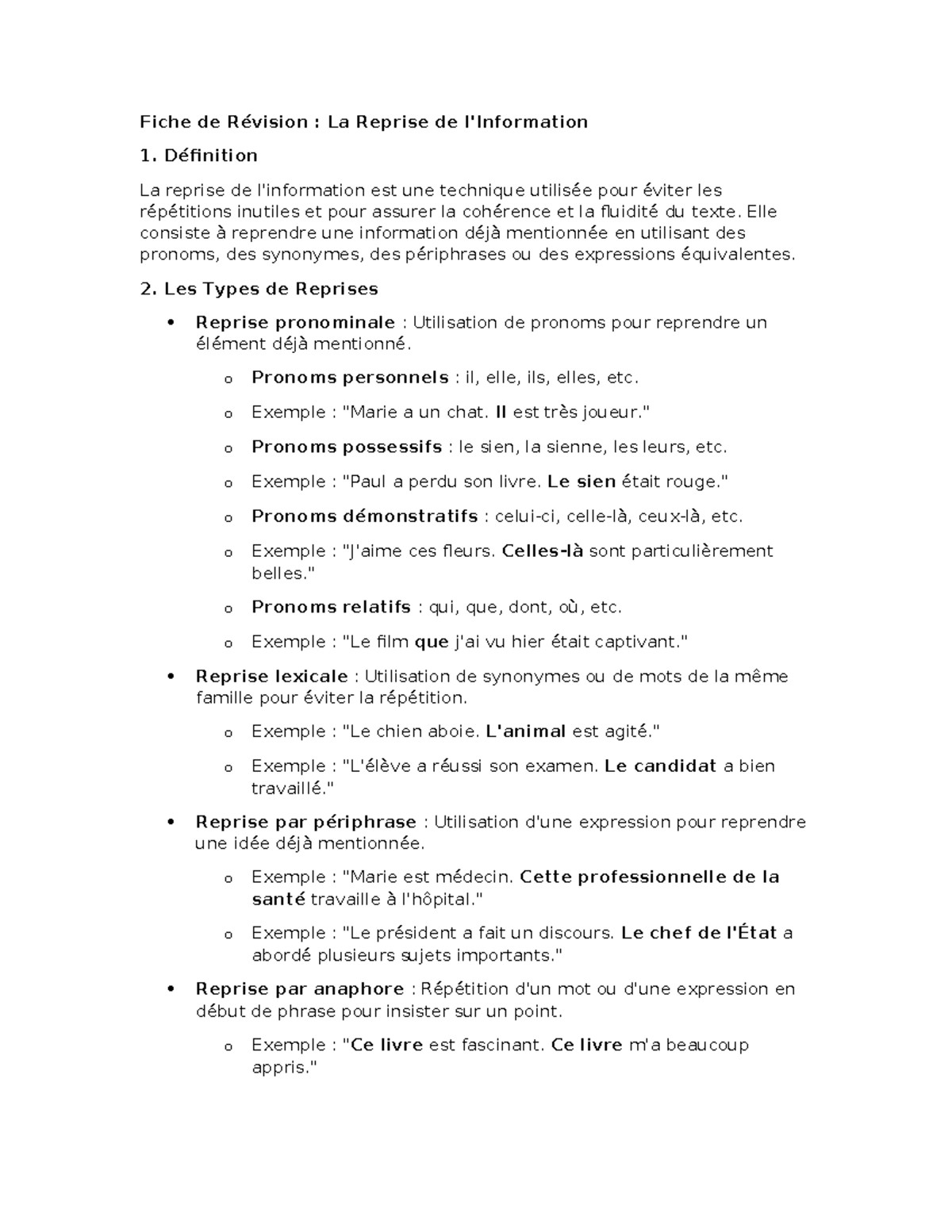 Fiche de Révision : Techniques de Reprise de l'Information - Studocu