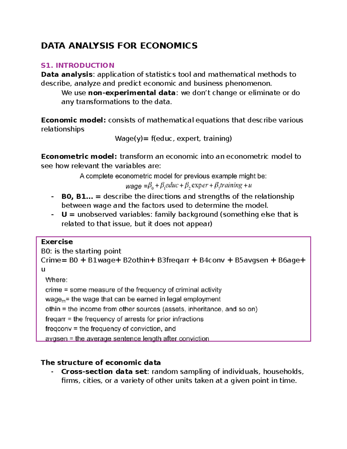 DATA 101: Midterm Exam Review on Economic Data Analysis Concepts - Studocu