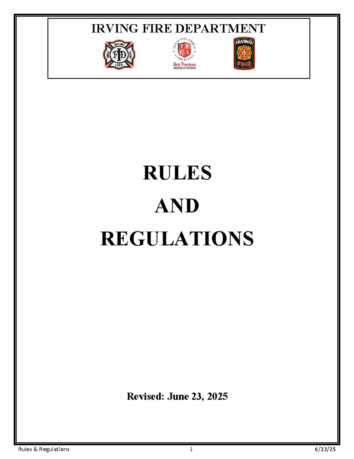 Irving Fire Department Rules & Regulations (Revised June 2025) - Studocu