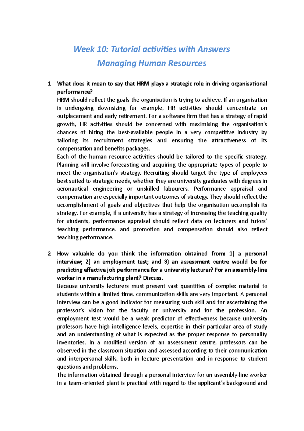 Week 10 Tutorial with answers Management - Week 10: Tutorial activities ...