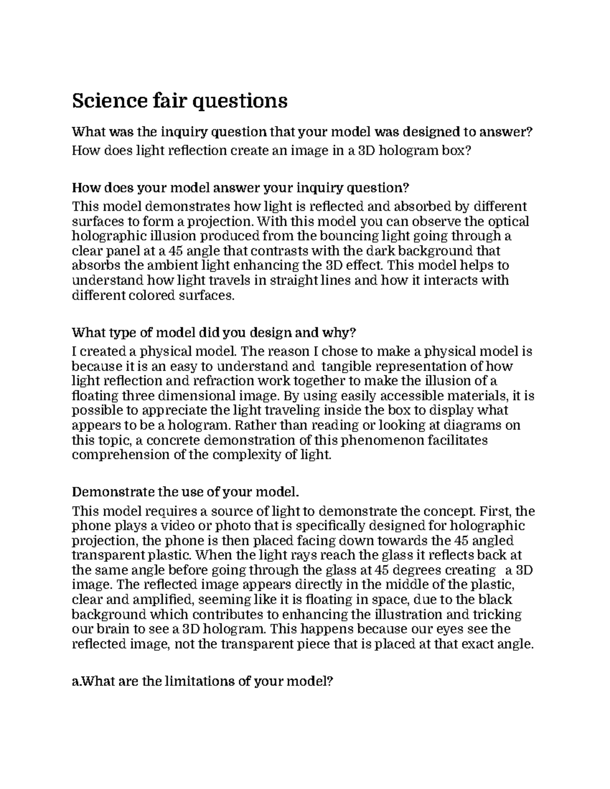 Science Fair Project: Exploring 3D Holograms and Light Reflection - Studocu