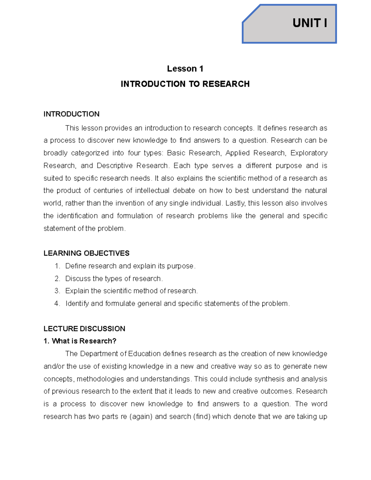 UNIT I Lesson 1: Introduction to Research Concepts and Methods - Studocu