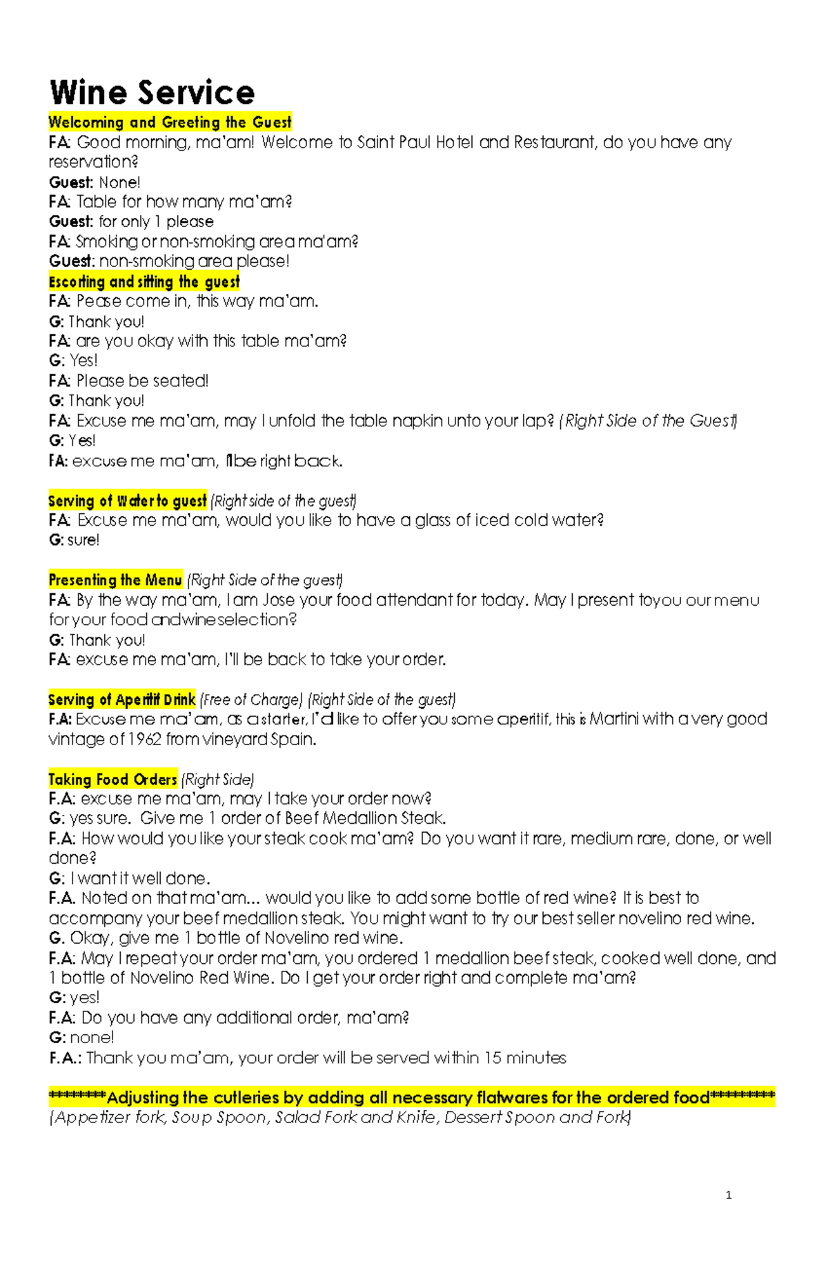 Wine Service Script - secret - 1 Wine Service Welcoming and Greeting ...