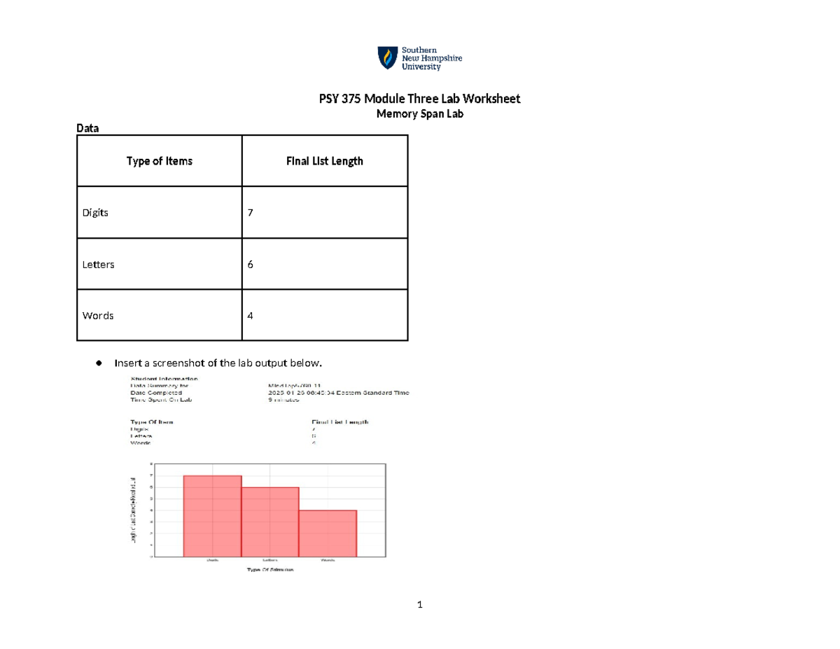 PSY 375 Module Three Lab Worksheet - Memory Span & Mental Rotation Data ...