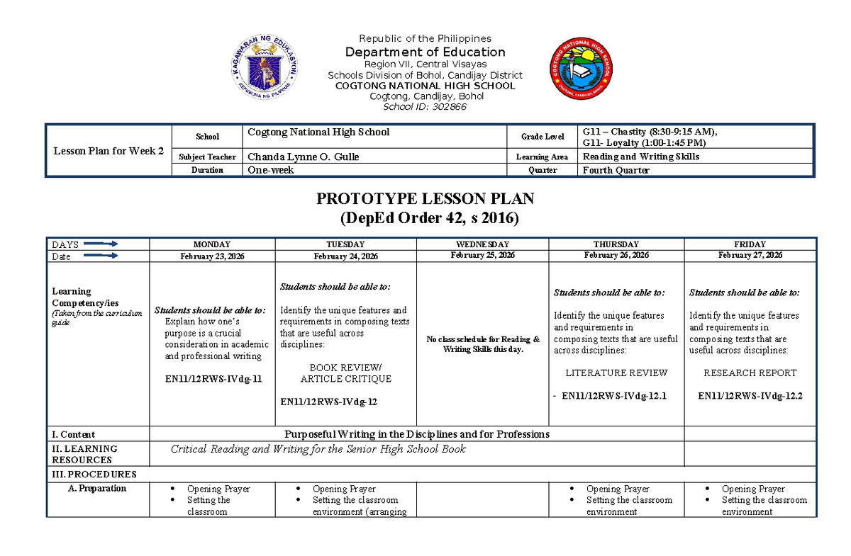 PLP G11 RWS Q4 Wk 2 - Lesson Plan for Reading & Writing Skills - Studocu