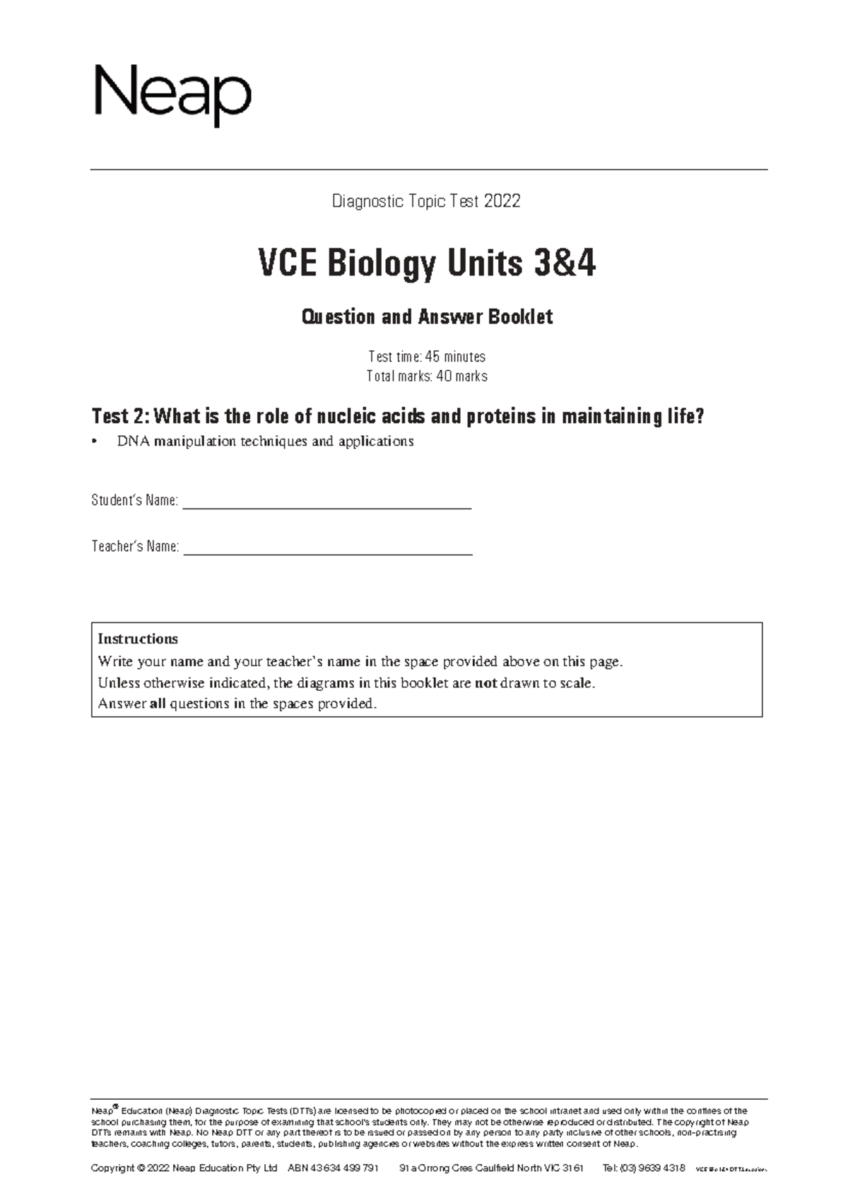 Test 2 VCE Biology Units 3&4 Diagnostic Topic Test 2022 Q&A Booklet ...