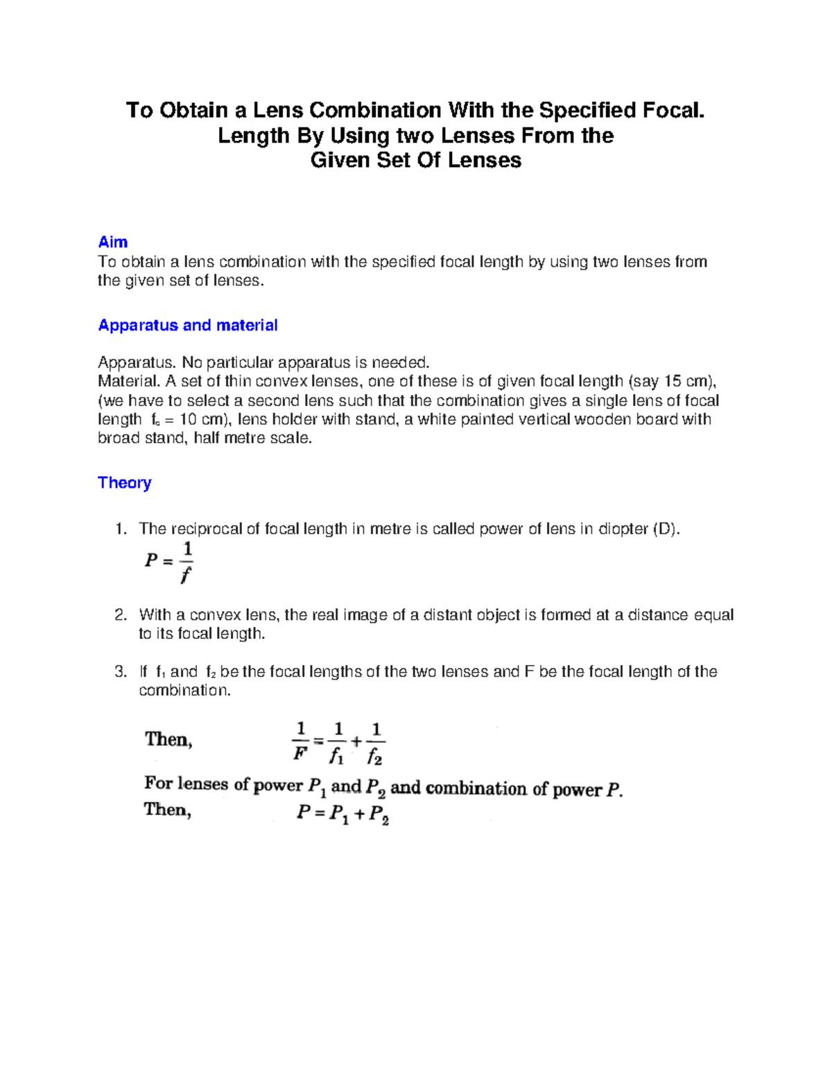 Activity 6: Lens Combination for Specified Focal Length in Physics Lab ...