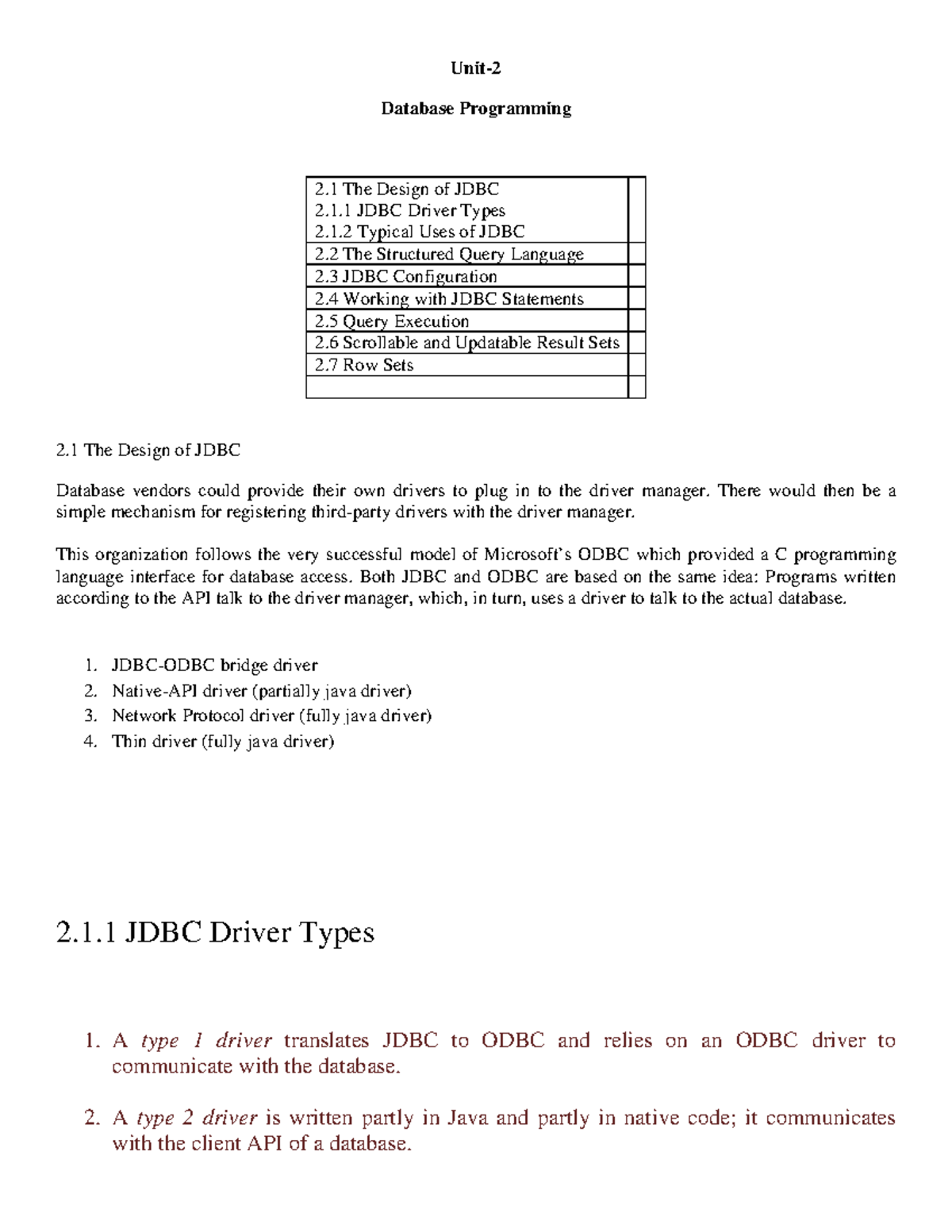 Database Programming (CS101) - JDBC Design and Driver Types - Studocu