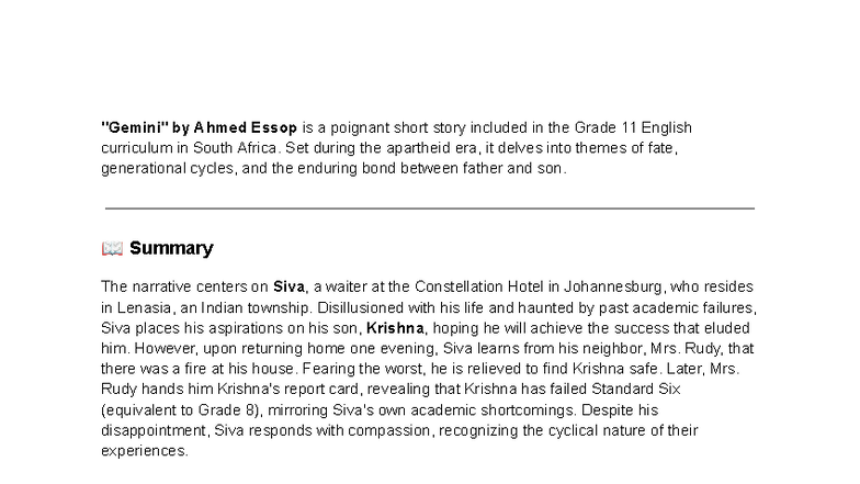 Grade 11 English: Themes and Analysis of "Gemini" by Ahmed Essop - Studocu