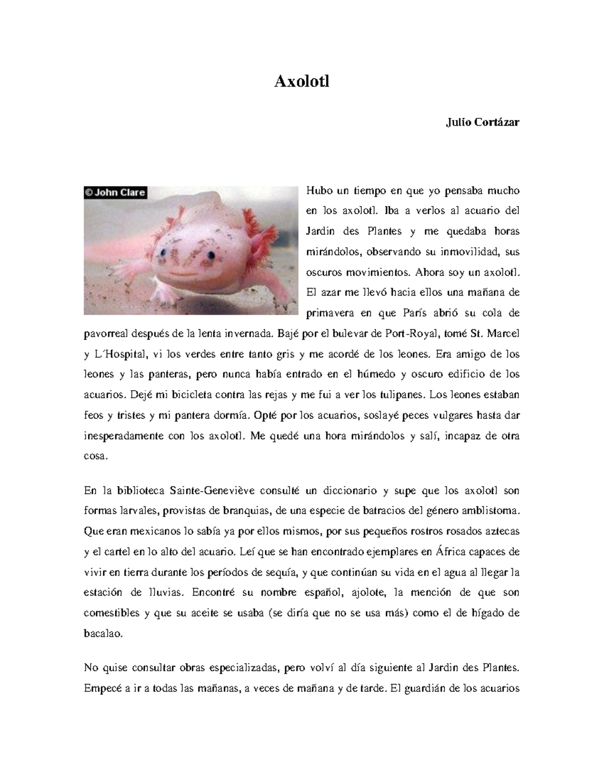Axolotl: Análisis del Cuento de Julio Cortázar - Studocu