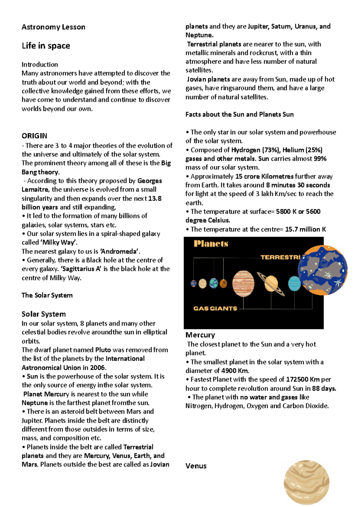 Astronomy Lesson: Exploring Life and Evolution in Space - Studocu