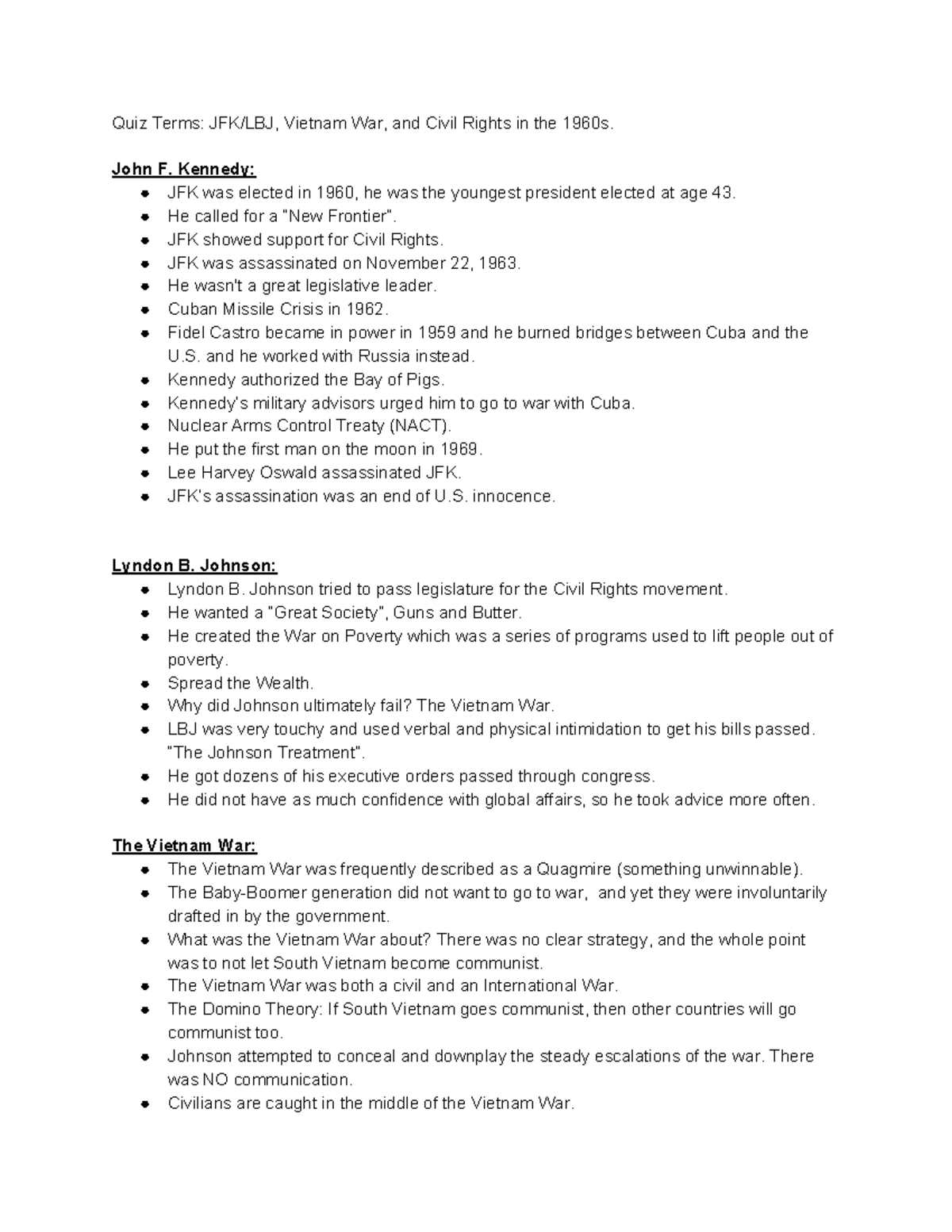 US History Quiz Summary: JFK, LBJ, Vietnam War, and Civil Rights - Studocu