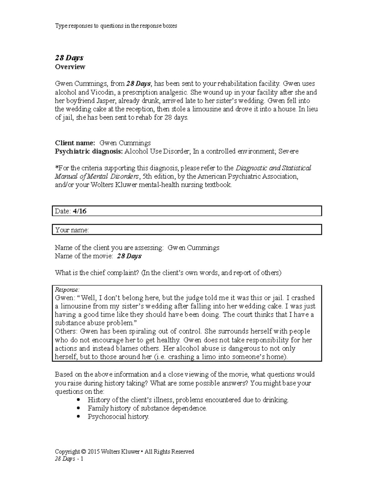 28 Days - Movie Worksheet for Substance Abuse Assessment Assignment ...