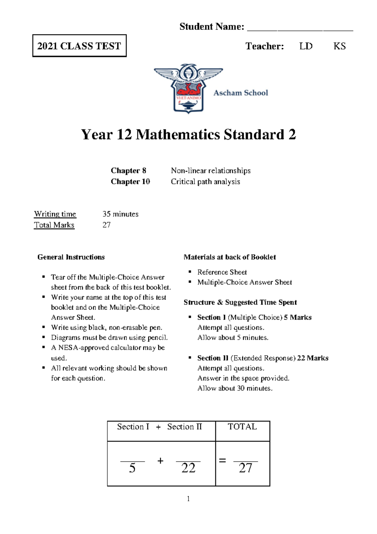 2021 Year 12 Mathematics Standard Test: Chapters 8 & 10 - Studocu