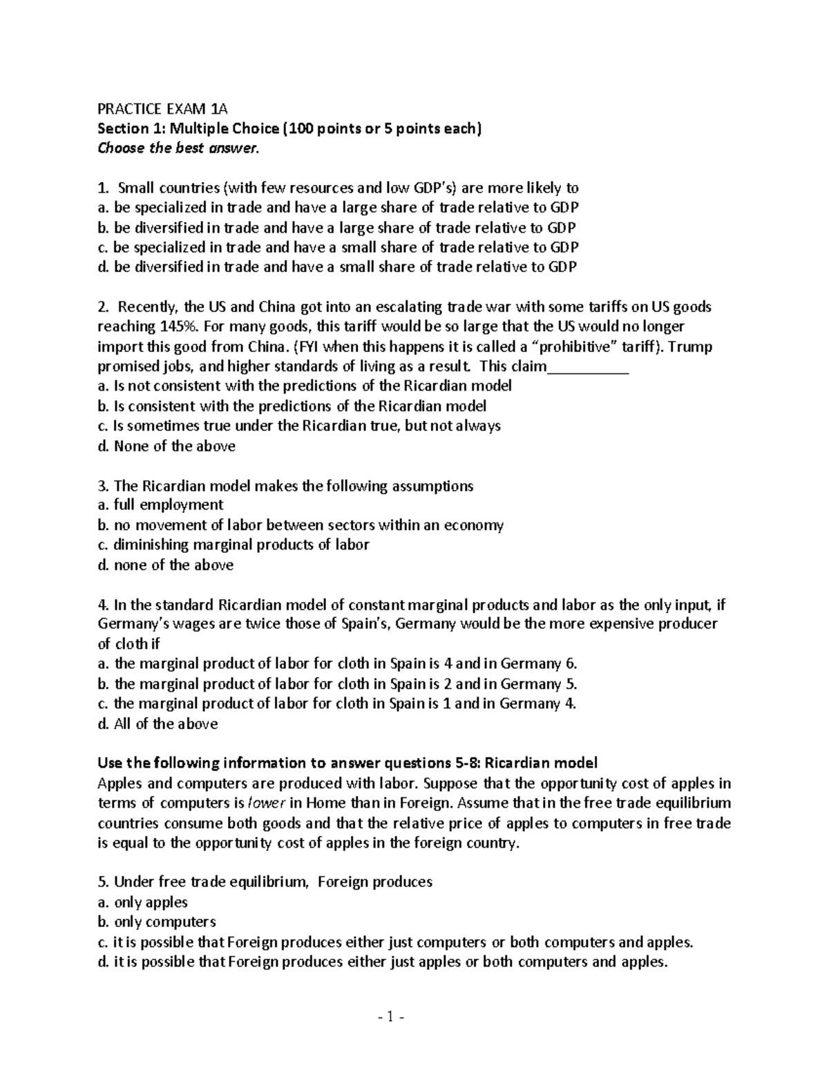 Econ 452-502 Practice Exam 1A: International Trade Theory Review - Studocu
