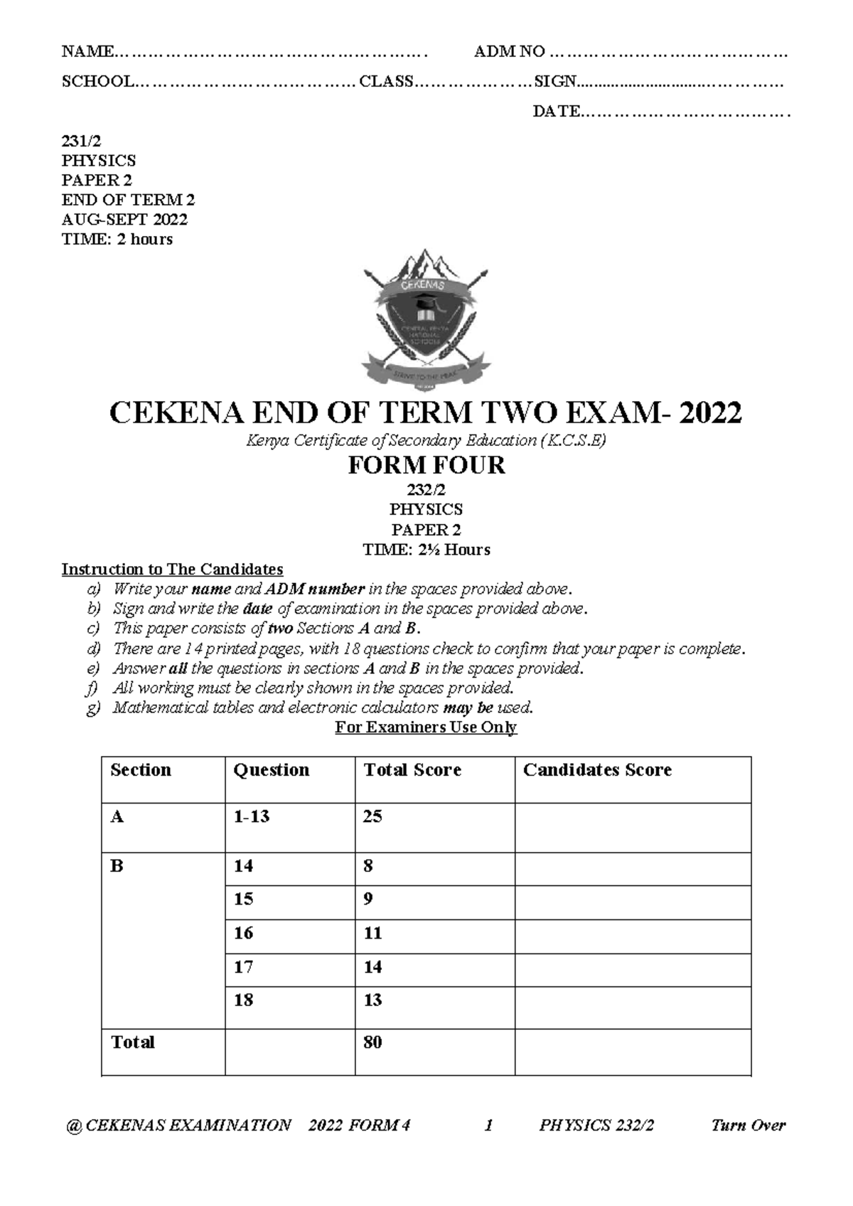 K.C.S.E FORM 4 PHYSICS PAPER 2 END OF TERM 2 REVISION 2022 - Studocu