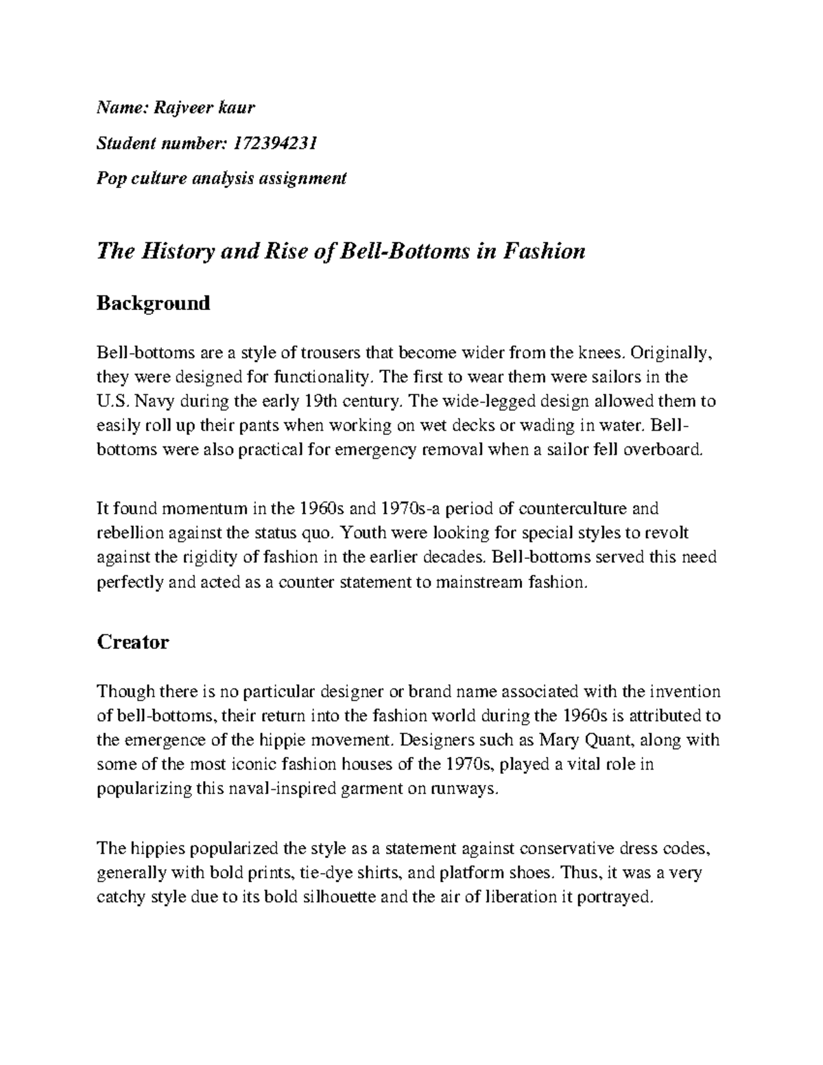 Pop Culture analysis - lectures nites t read - Name: Rajveer kaur ...