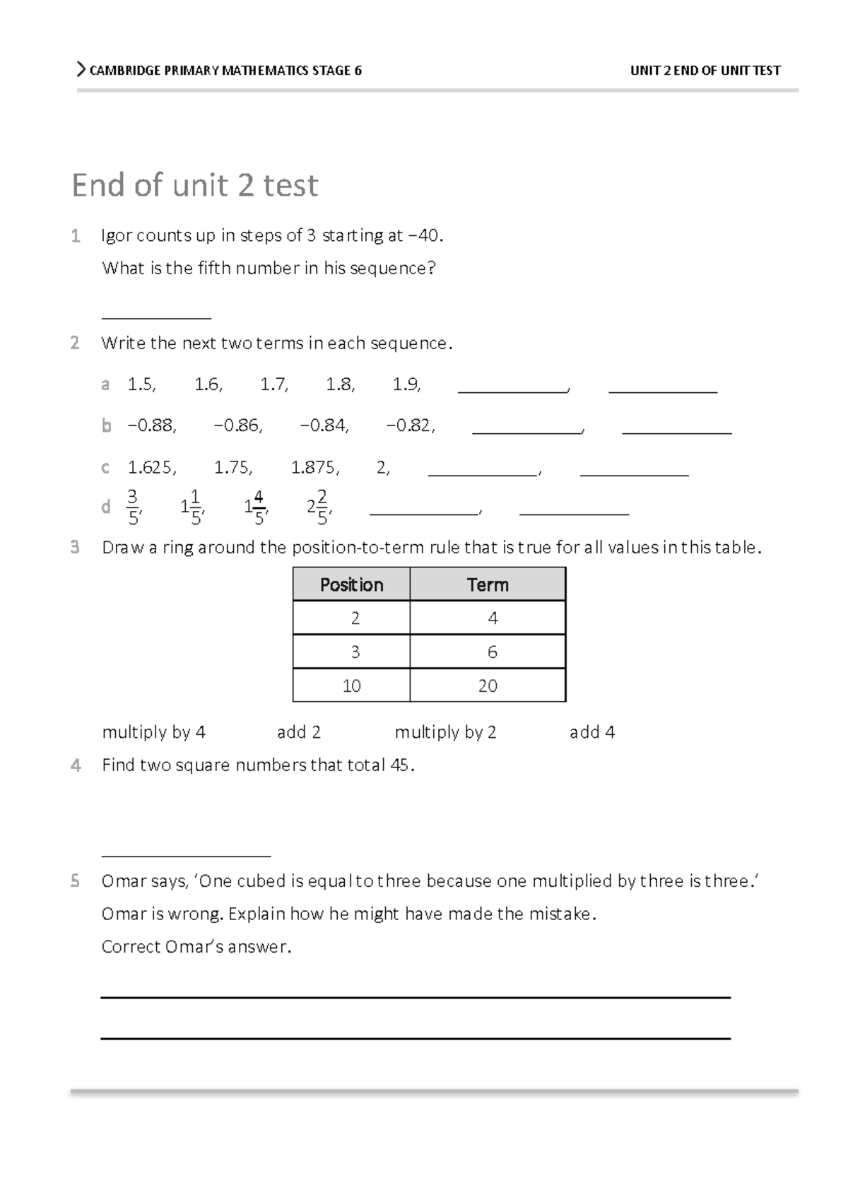 Final Unit Test for Cambridge Primary Maths Stage 6 - Unit 2 - Studocu