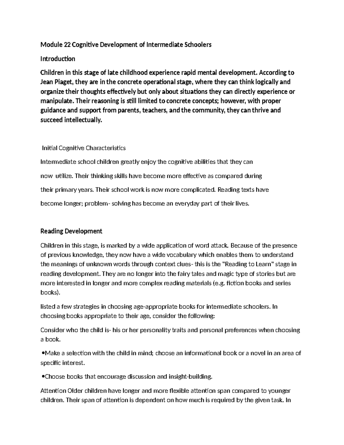 Module 22: Cognitive Development in Intermediate Schoolers - Studocu
