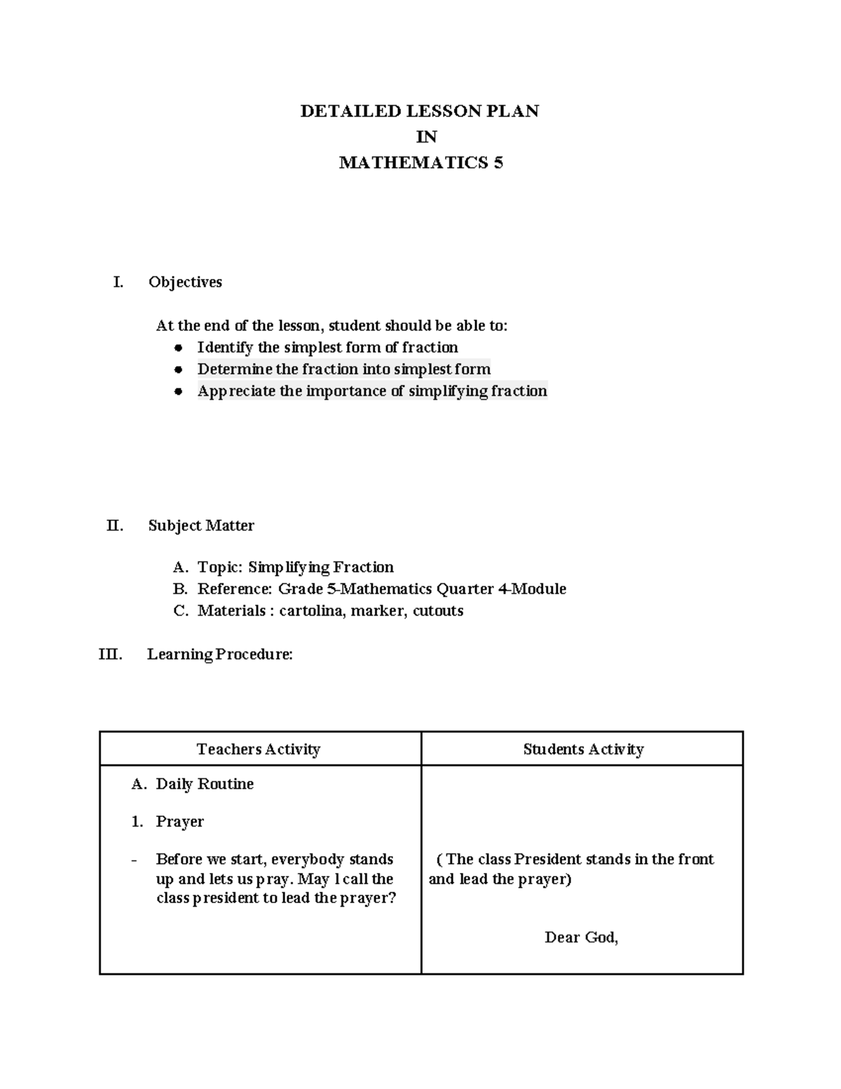 Detailed Lesson Plan on Simplifying Fractions for Math 5 - Studocu