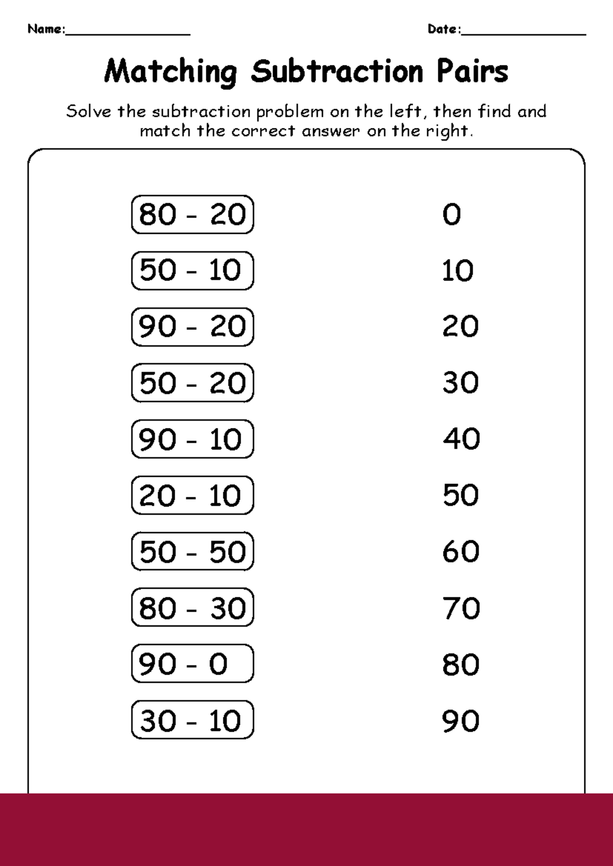 Matching Subtraction Pairs - 1st Grade Worksheet - Name: Date: Matching ...