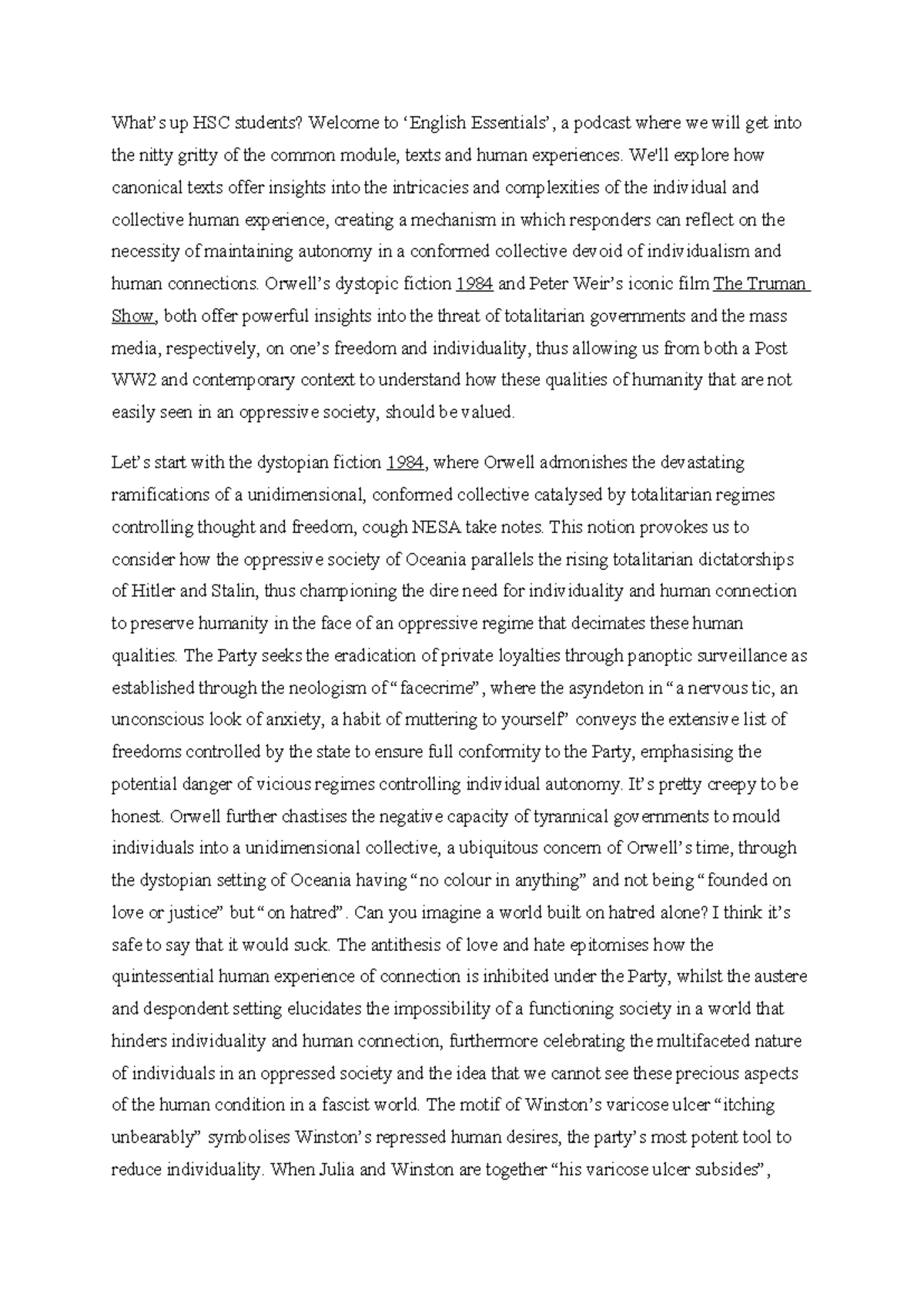 HSC English Podcast: Exploring Dystopian Themes in 1984 & The Truman ...