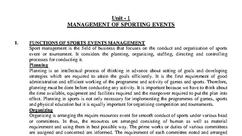 Unit 1: Management of Sporting Events - Functions & Committees (PE 101 ...