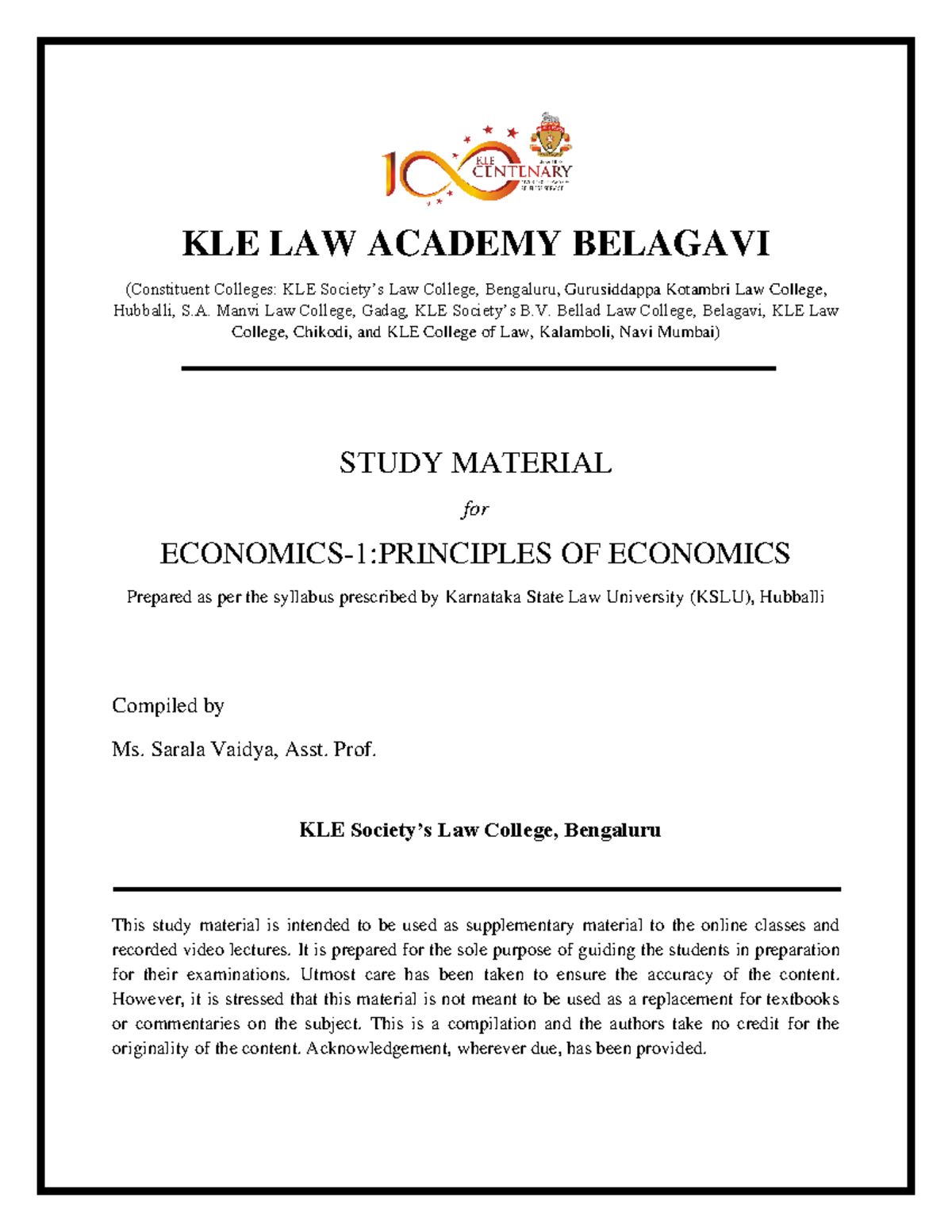 Economics-1: Principles of Economics Study Material (KSLU) - Studocu