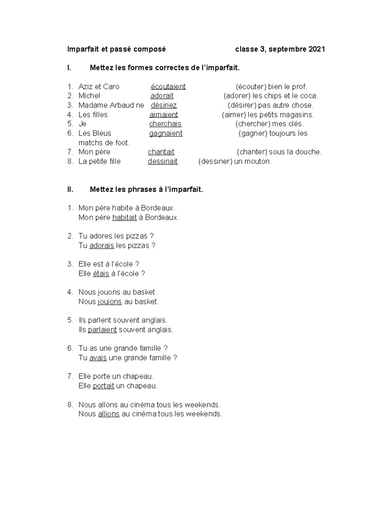Imparfait et Passé Composé - Exercice Classe 3, Sept 2021 - Studeersnel