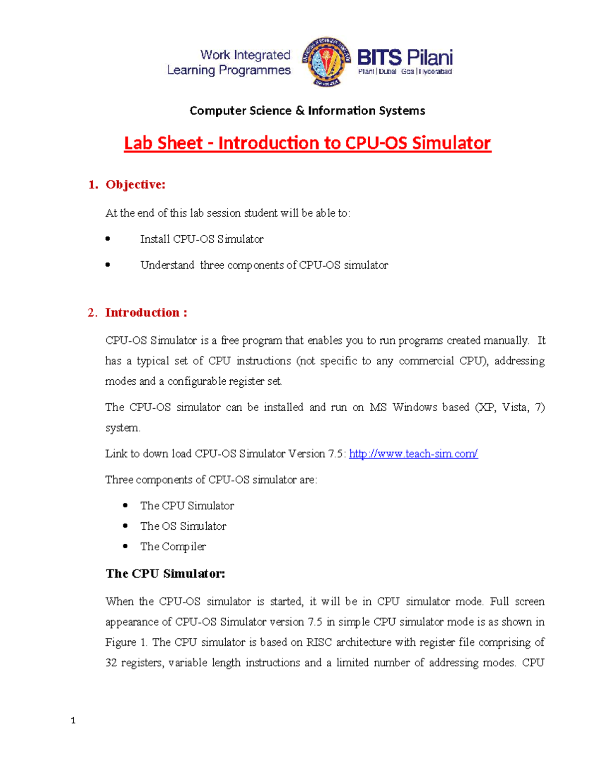 Lab Sheet 1.1: Introduction to CPU and OS Simulators in CSIS - Studocu