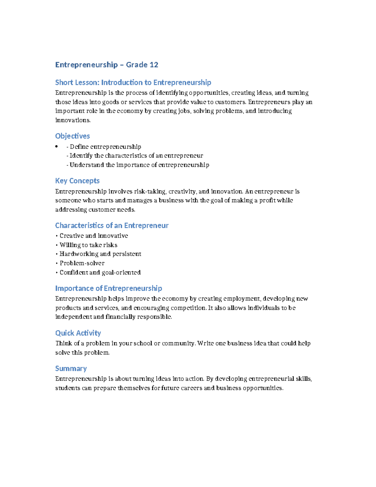 Entrepreneurship G12 Short Lesson: Intro to Entrepreneurial Skills ...