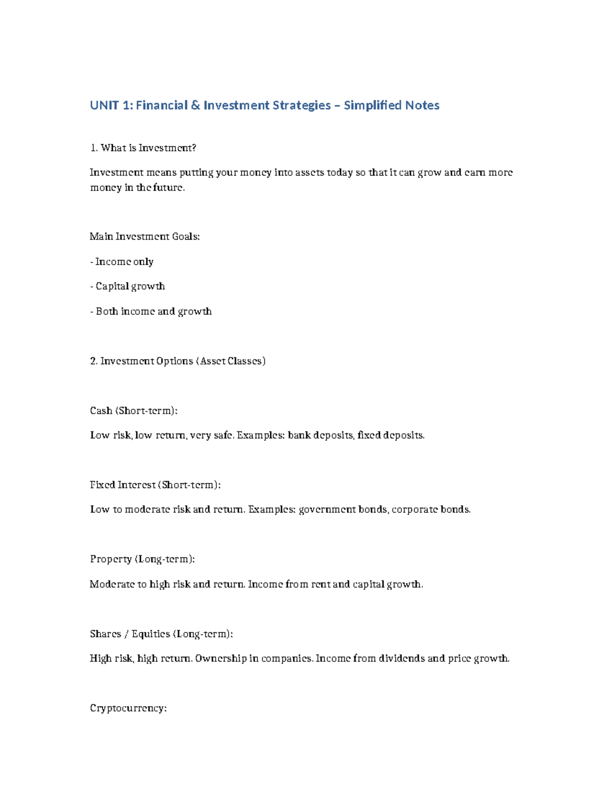 UNIT 1: Financial & Investment Strategies Notes - Studocu