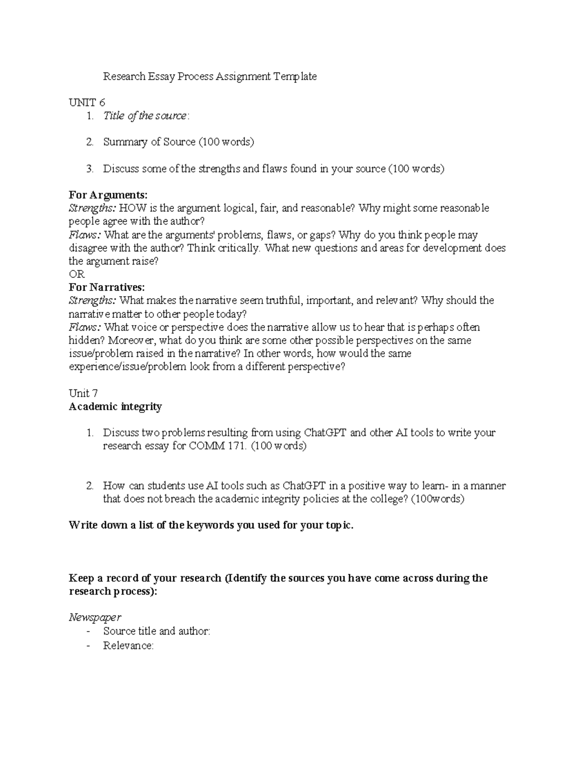 Research Essay Process Assignment Template for COMM 171 - Studocu