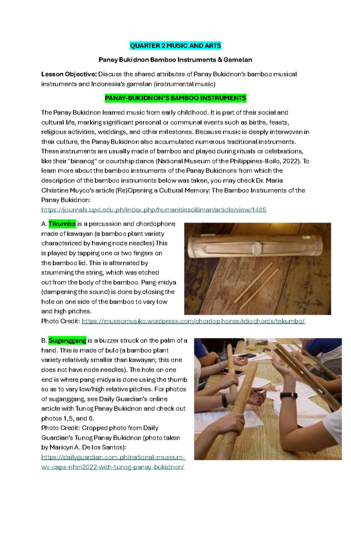 Quarter 2 Music & Arts: Panay Bukidnon Bamboo Instruments & Gamelan ...