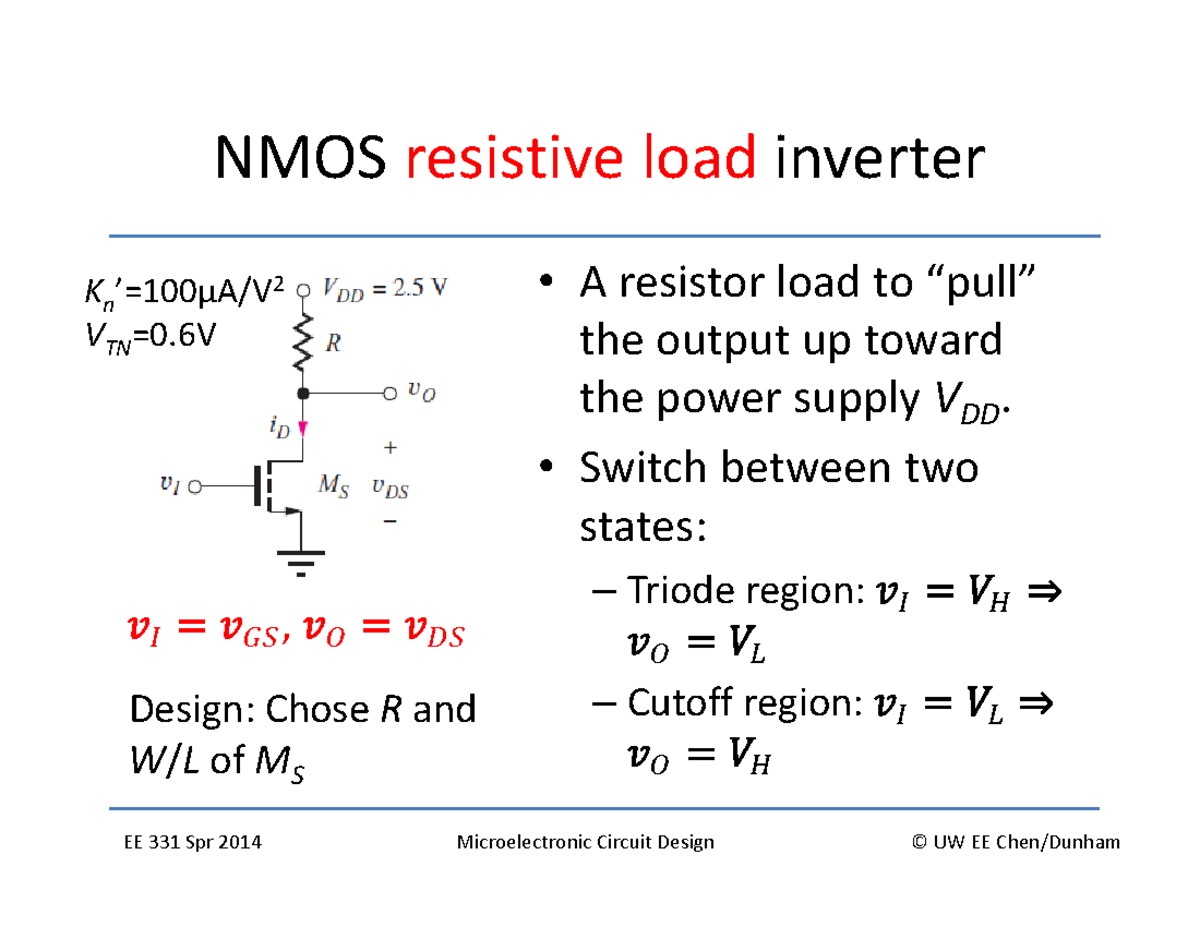 EE 331 Spr 2014: NMOS Resistive Load Inverter Design and Analysis - Studocu