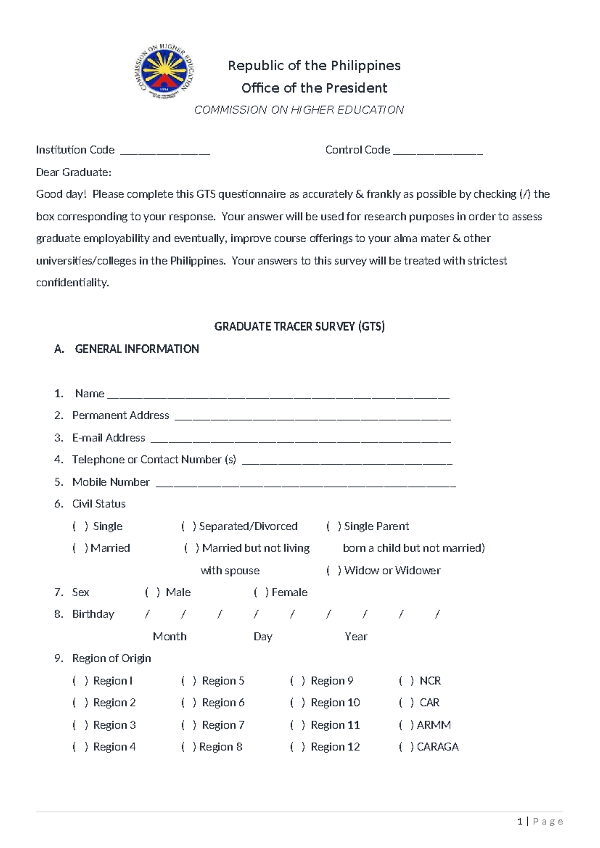 Graduate Tracer Survey (GTS) - CHED Questionnaire - Studocu