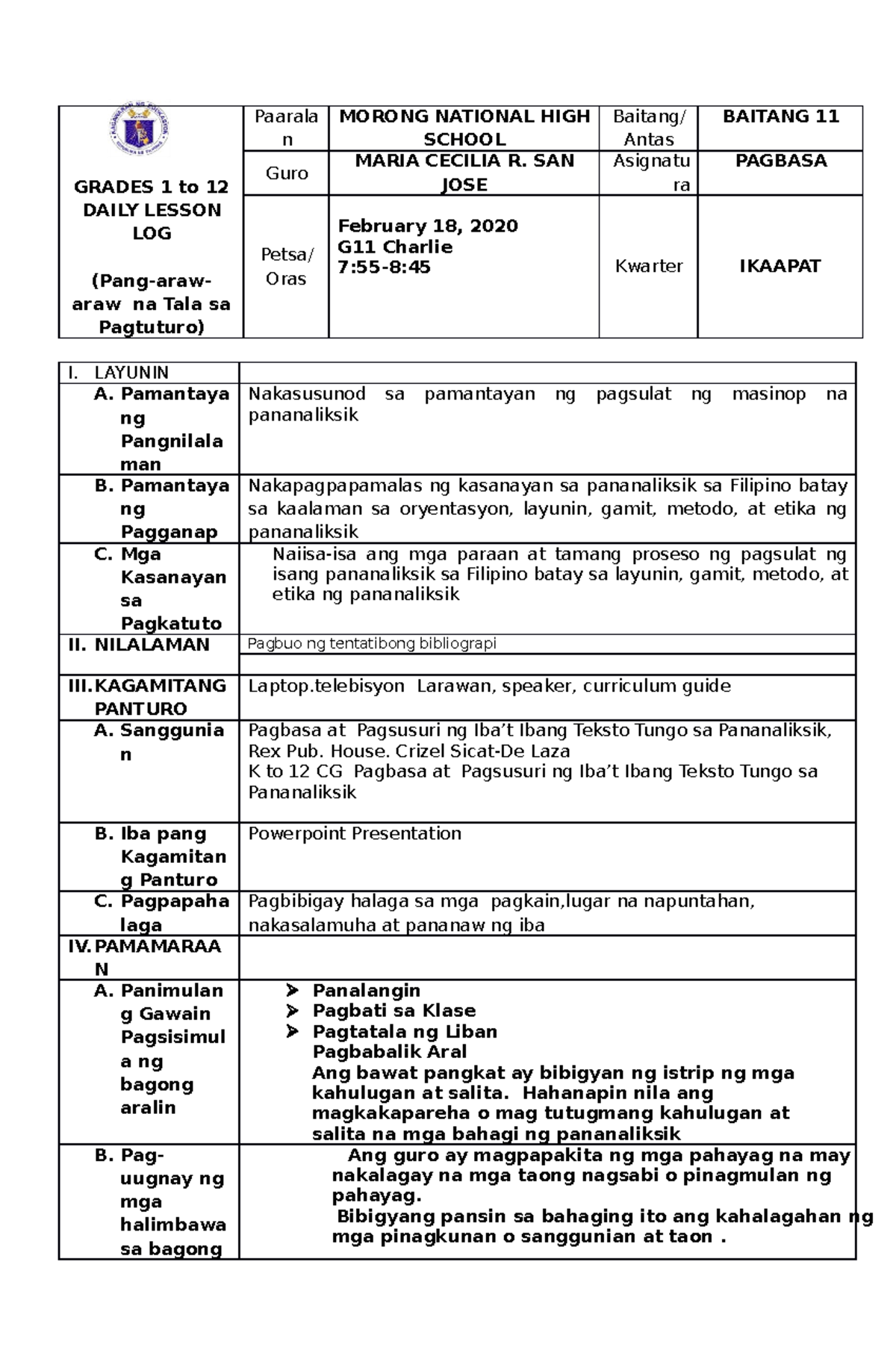 Daily Lesson Plan for Grades 11: Pagbasa at Pagsusuri #4 - Studocu