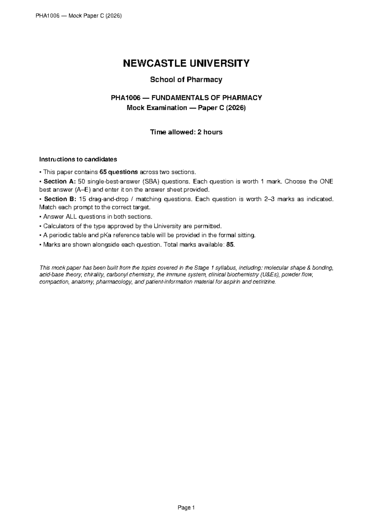 PHA1006 — Mock Paper C (2026) - Studocu