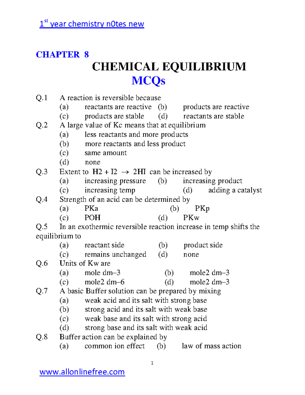 1st Year Chemistry Notes: Chapter 8 - Chemical Equilibrium MCQs - Studocu