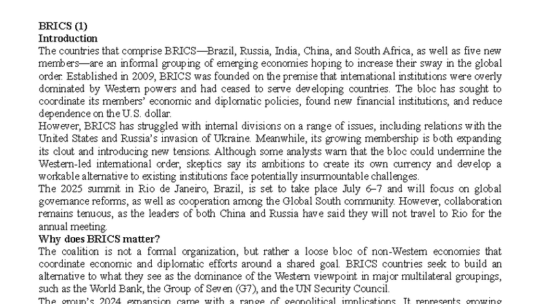BRICS (1) Overview: Origins, Expansion, and Global Impact - Studocu